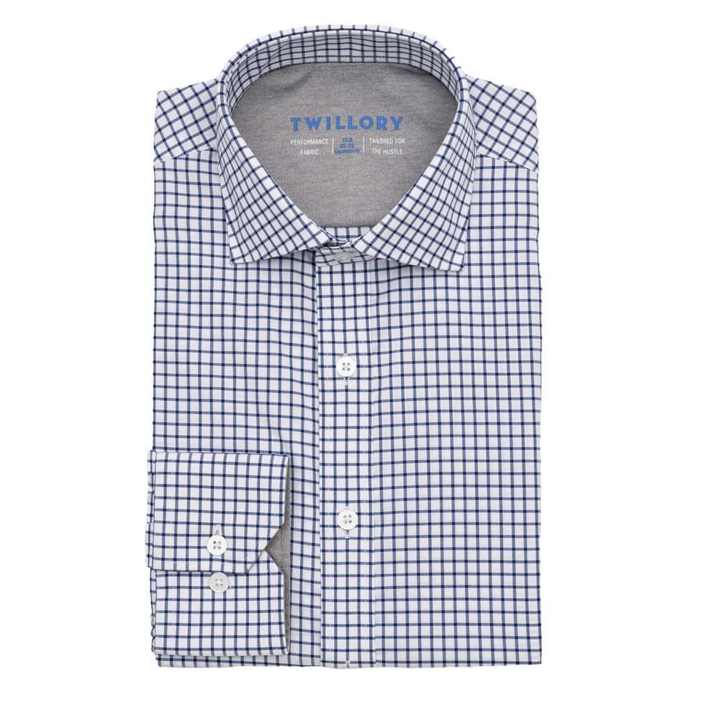 Men's Navy/White Grid Dress Shirt: Performance Stretch | Twillory®